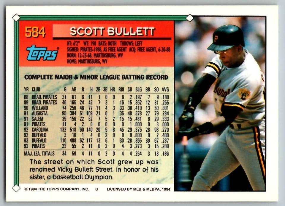 1994 TOPPS SCOTT BULLETT PITTSBURGH PIRATES #584 | eBay