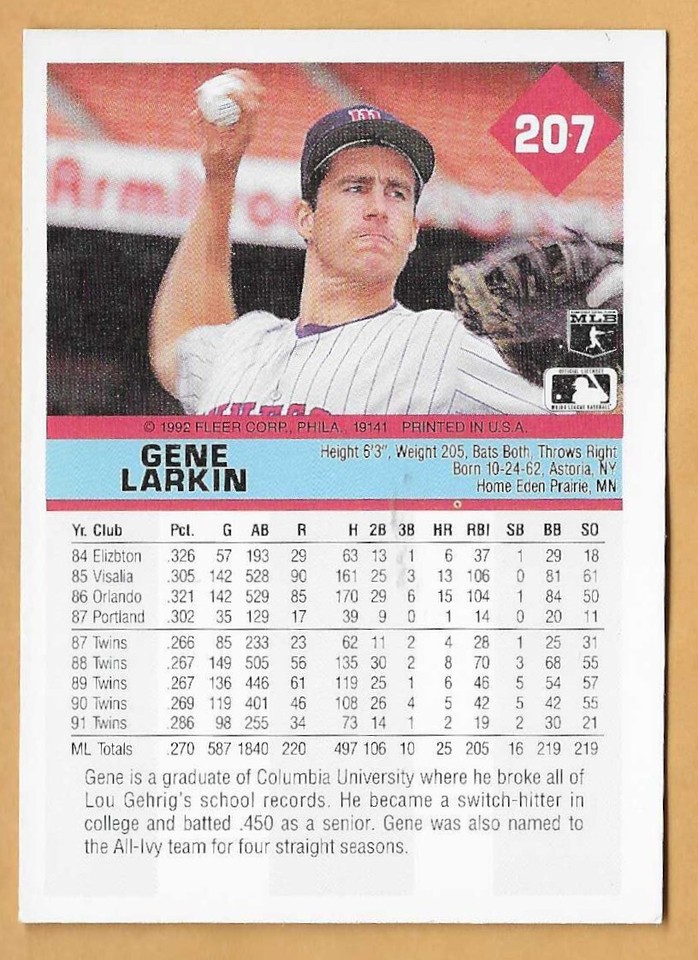 BARRY LARKIN MINNESOTA TWINS #207 - FLEER NM-MT 1992 | eBay