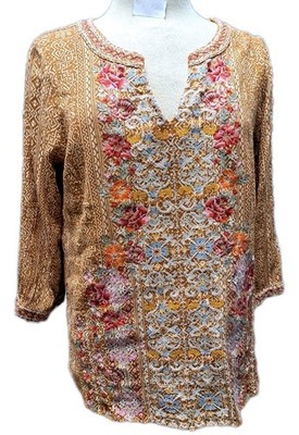 Savanna Jane Rust Print LS Embroidered Tunic Women's Size L Boho ...