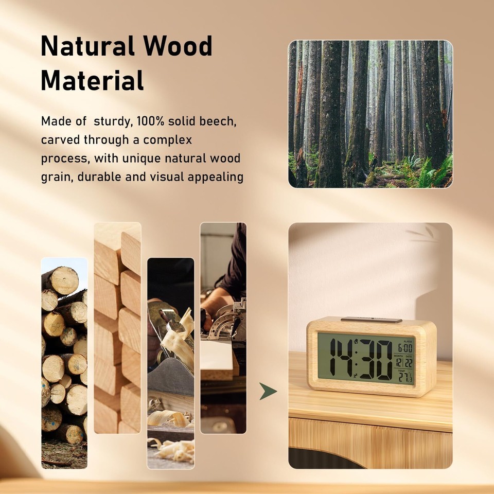 HERMIC Wecker Digital aus Holz mit Großem LCD-Display Datum Temperatur Automa... | eBay