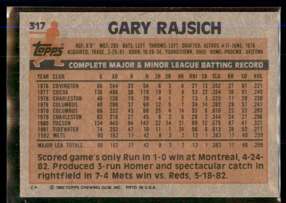 1983 Topps Gary Rajsich RC #317 New York Mets | eBay