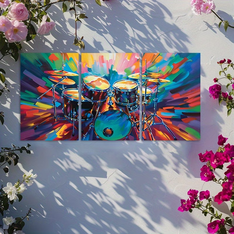 3pcs Oil Painting of a Wild, Bold Drum Set Wall Art Canvas Unframed ...