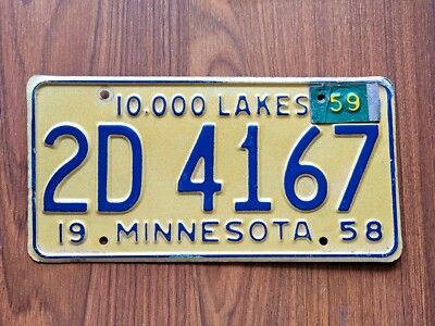 1958 Minnesota License Plate Vintage Auto Tag Antique Blue Cream 10,000 ...