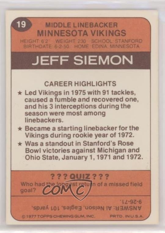 1977 Holsum Bread Jeff Siemon #19 | eBay