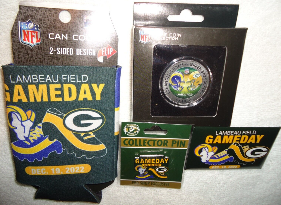 PACKERS/ RAMS DATED DEC. 19, 2022 GAME DAY FAN PACK PIN, COIN, MAGNET ...