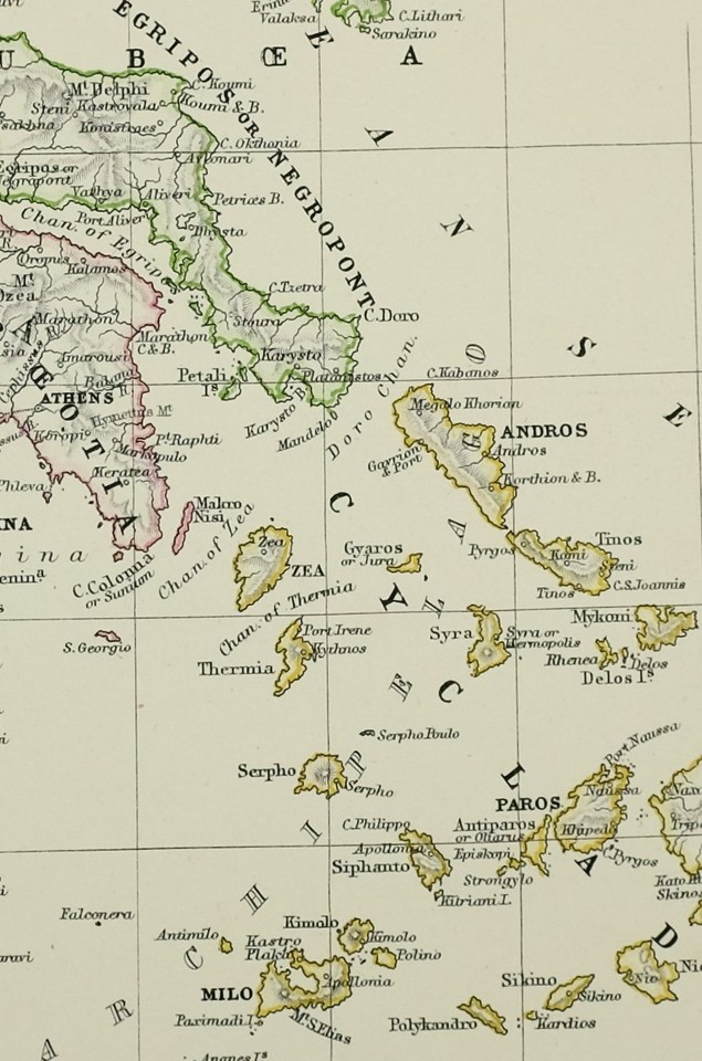 1874 ANTIQUE MAP GREECE MOREA MESSENIA LACONIA ACHAIA CYCLADES MILO ...