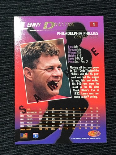 1994 Pinnacle Sportflics Promo Sample Card Lenny Dykstra #1 KB | eBay