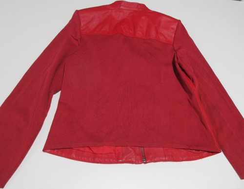 Sz M Women's Peter Nygard Red Leather/Knit Jacket Studded Ruffle Full ...