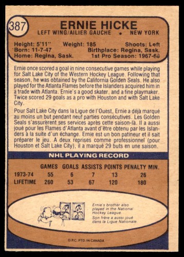 1974-75 O-Pee-Chee Ernie Hicke New York Islanders #387 | eBay