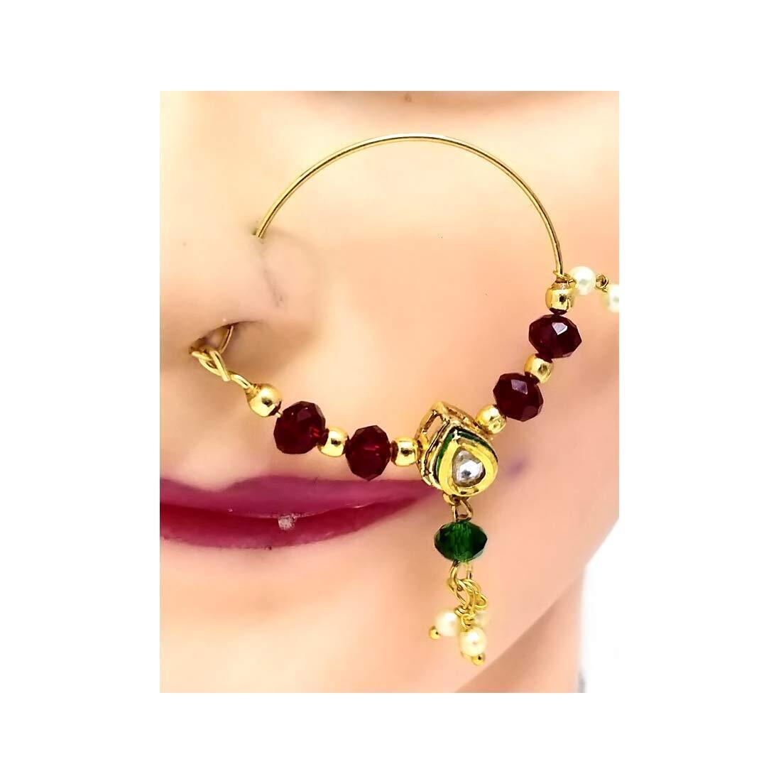 Traditional Gold Plated Kundan Studded Red Nose Ring With Pearly Chain ...