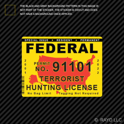 Federal Terrorist Hunting Permit Sticker Die Cut Decal USA United ...