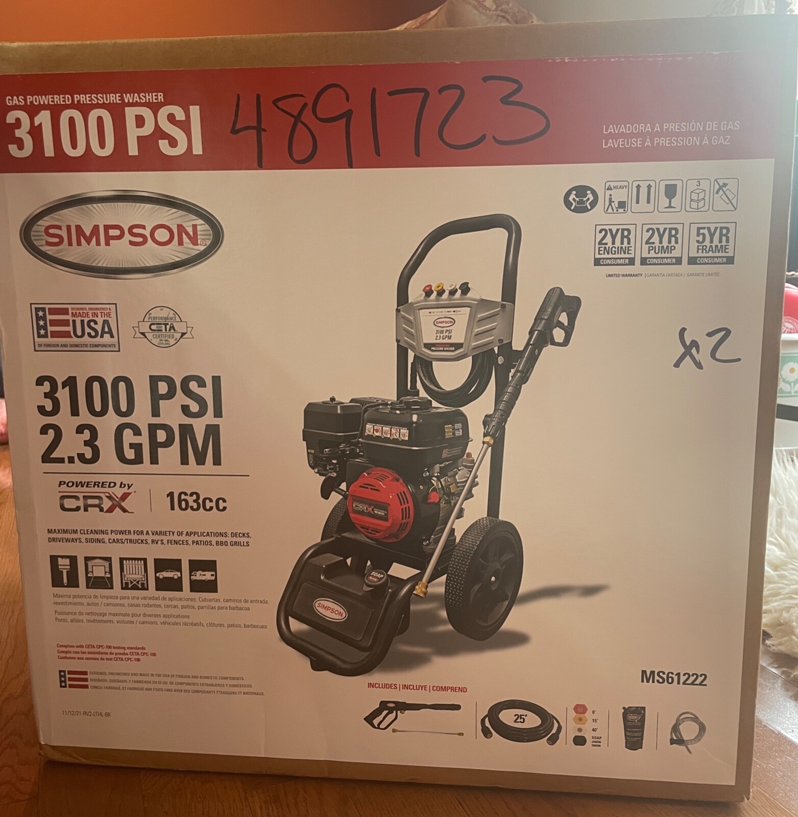 Simpson 3100 PSI Gas Pressure Washer W/Soap Tank 2.3 GPM 163cc MS61222 ...