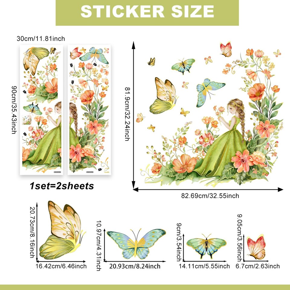 Flower Fairy and Butterfly Wall Stickers Fantasy Theme Wildflower with ...