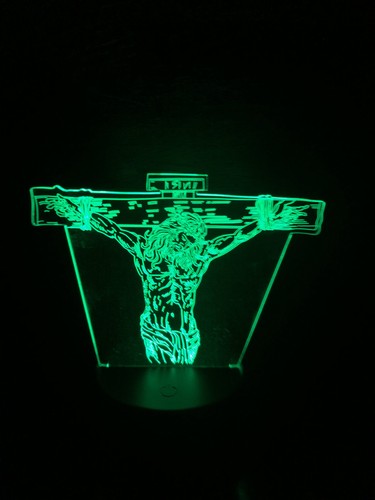JESUS ON CROSS CRUCIFIX 3D Acrylic LED 7 Colour Night Light Touch Table ...