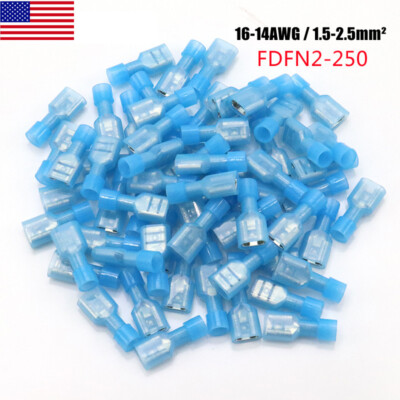 100PCS Blue Female Insulated Wire Spade Terminals Crimp Connectors 16 ...