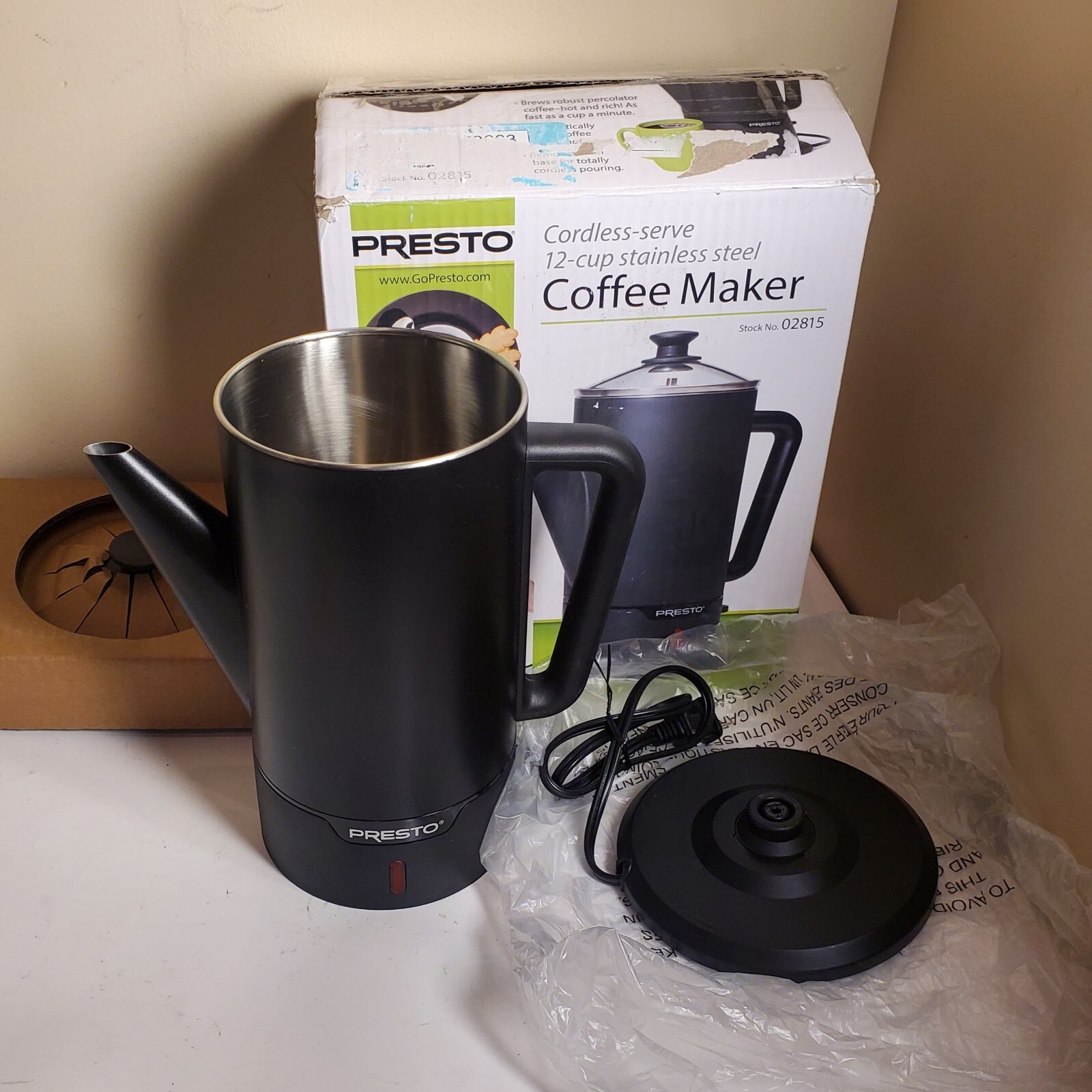 Presto 02815 12-Cup Cordless Coffee Maker Black Stainless Steel Easy ...
