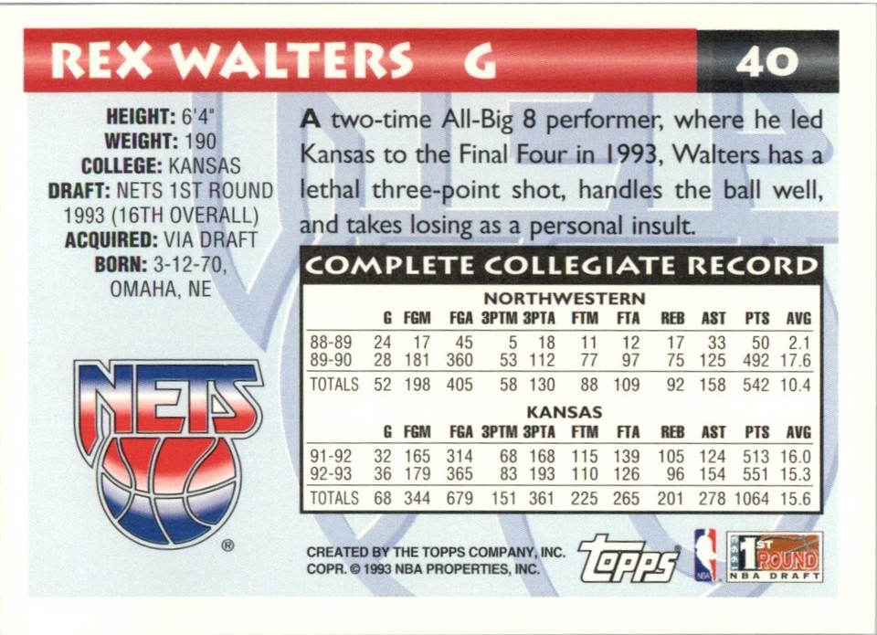 1993-94 Topps #40 Rex Walters RC Rookie Card New Jersey Nets Kansas ...