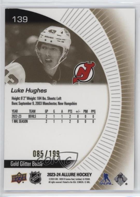 2023 Upper Deck Allure Rookies Gold Glitter Bomb /199 Luke Hughes #139 ...