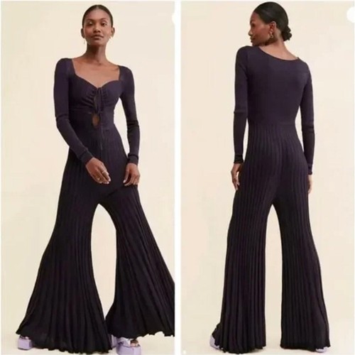 NEW Free People Lady Luck Jumpsuit knit wide leg pleated dark purple, M ...