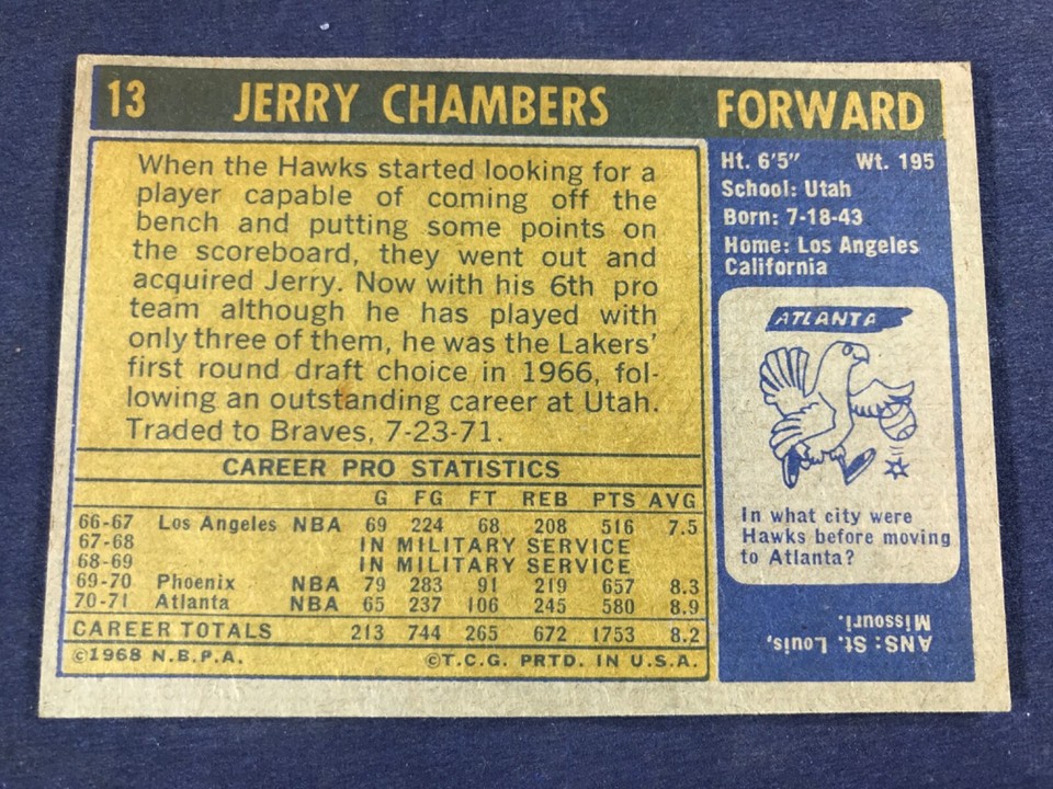 Z3-94 BASKETBALL CARD - JERRY CHAMBERS MILWAUKEE BRAVE - 1971 TOPPS ...