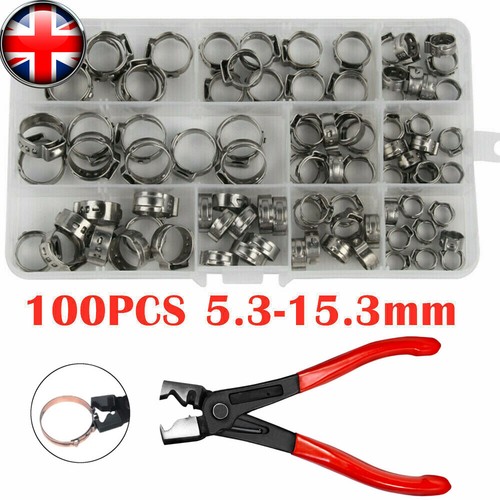 100X Assorted Hose Clamp Stainless Steel Ear Cinch Rings Crimp Pinch ...
