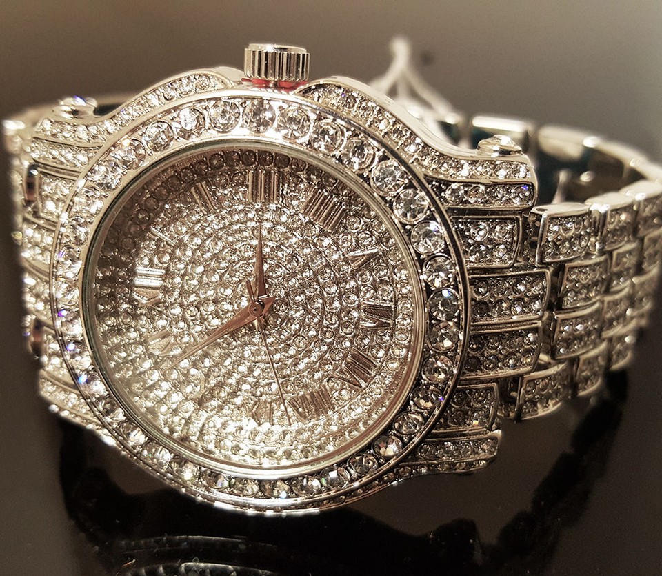 Men Hip Hop Iced Silver PT Simulated Diamond WATCH & Cuban Bracelet ...