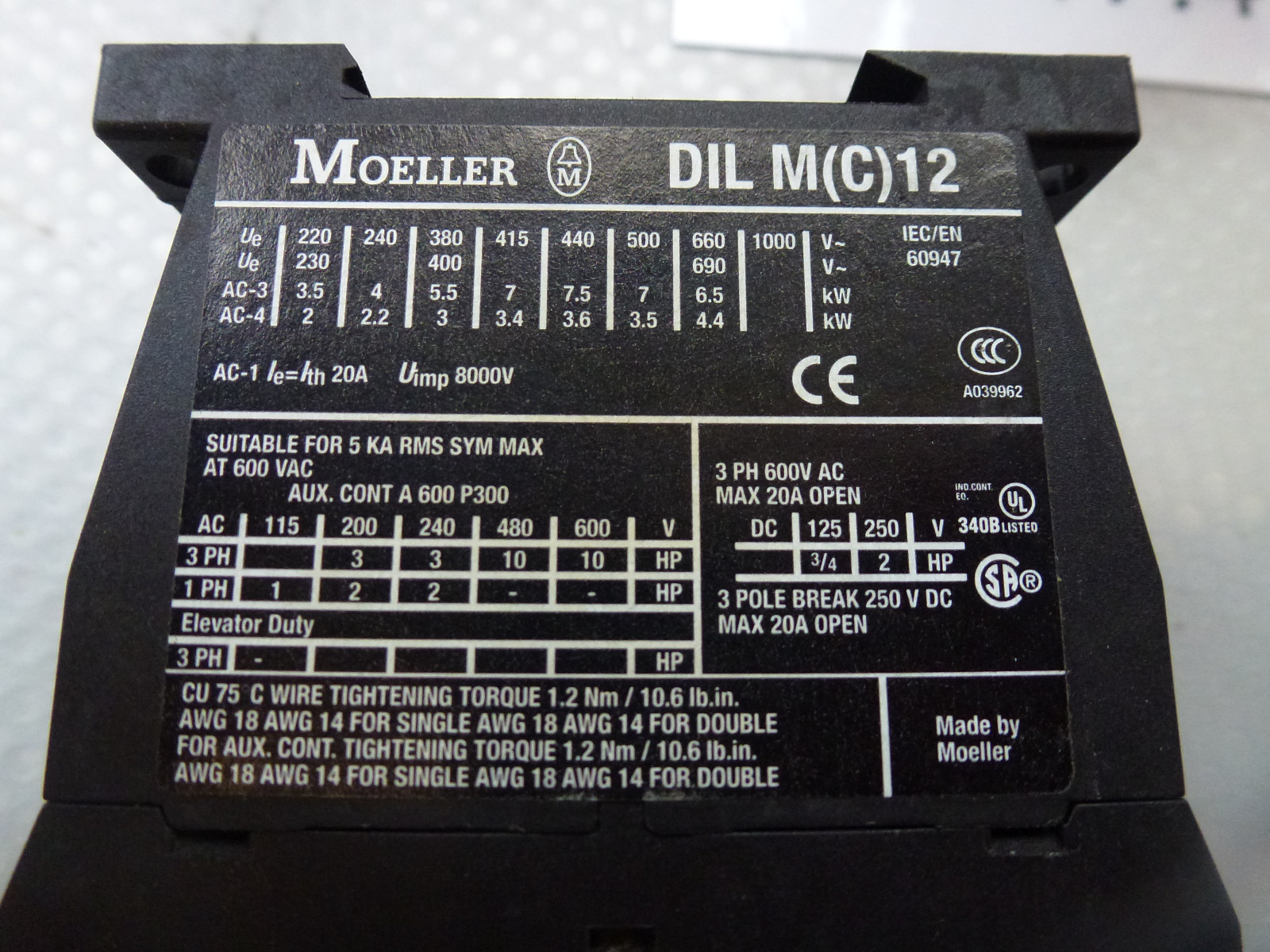Moeller Contactor DIL Mc12-10 24vdc Coil 20a 600v for sale online | eBay