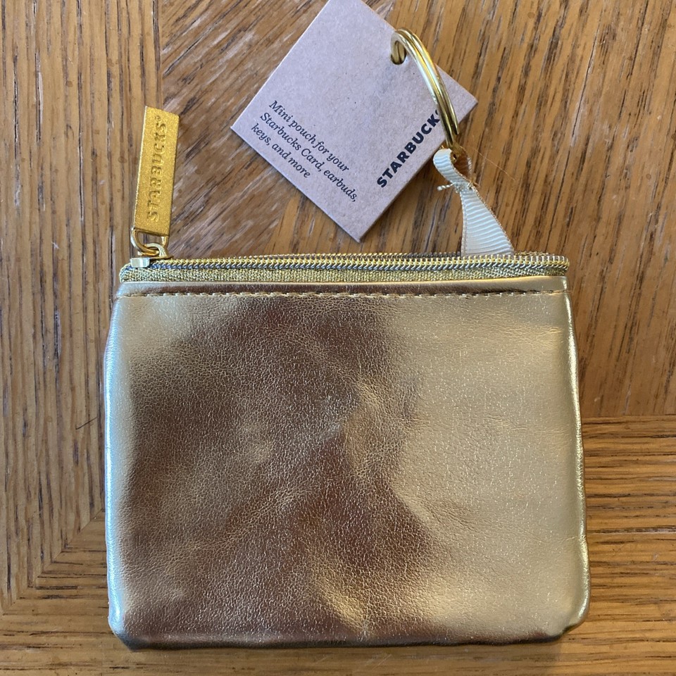 STARBUCKS Gold Metallic Faux Leather Zip Logo 2 Pocket Card Pouch ...
