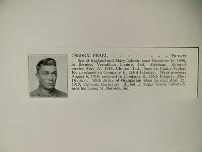 Pearl Osborn St. Bernice Indiana Company K 126th Infantry 1921 WW1 Hero ...