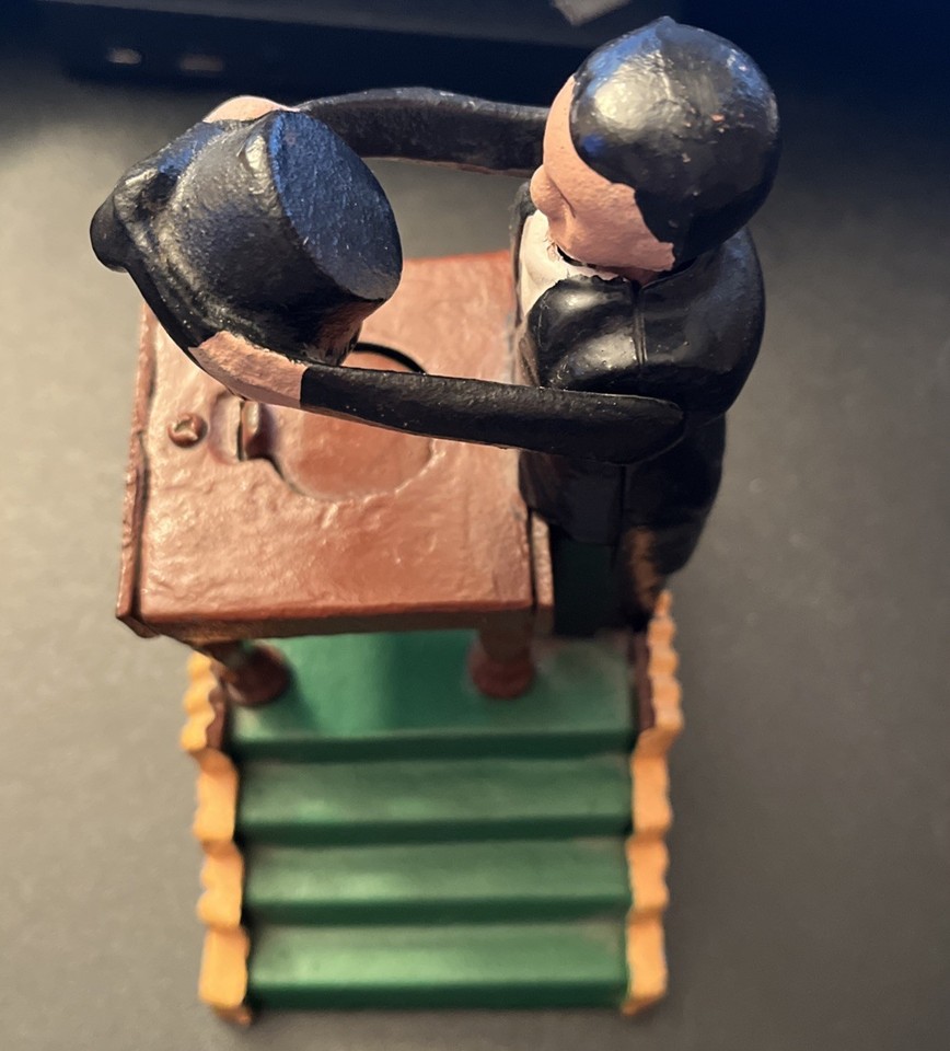 VTG Magician Mechanical Bank Cast Iron Magicians Hat Trick Coin Bank ...