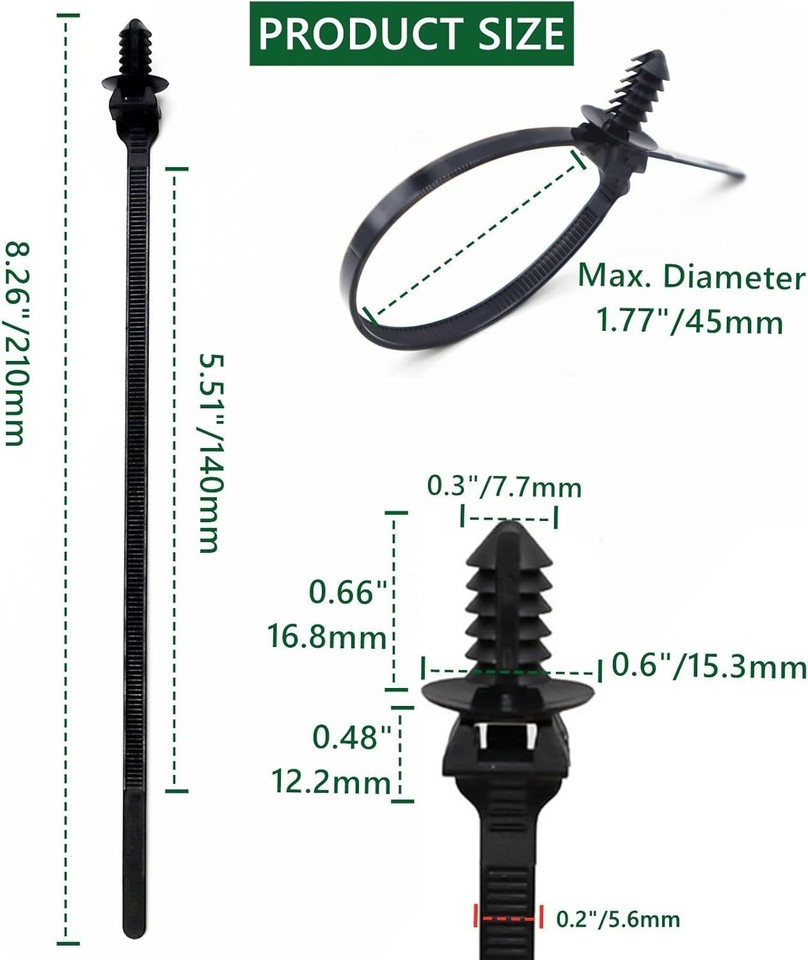 Push Mount Cable Zip Ties 8.3 Inch, Automotive Zip Ties with Push Pin ...