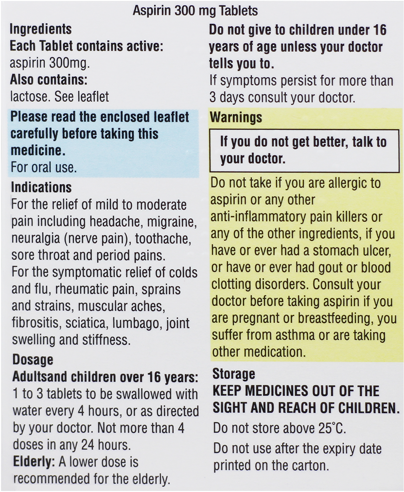 Asprin GSL Tablets For Headache Fever Migraines Pain Relief Aspirn "2 ...