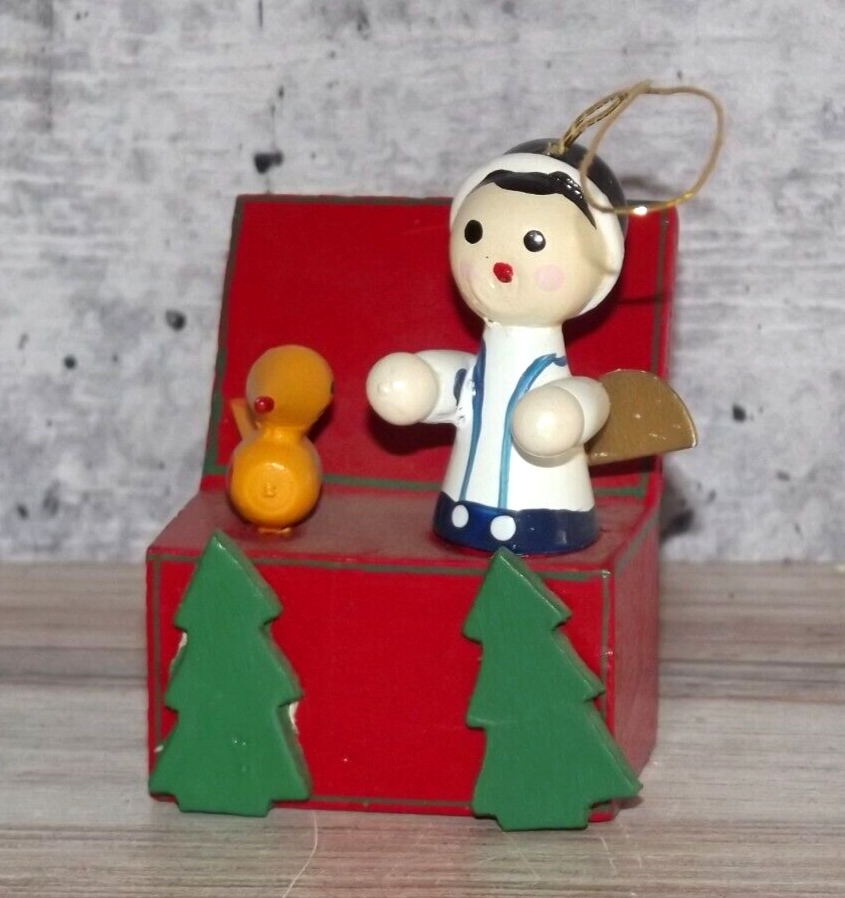 MCM Wooden Angel & Yellow Bird in a Box Christmas Ornament Vintage ...