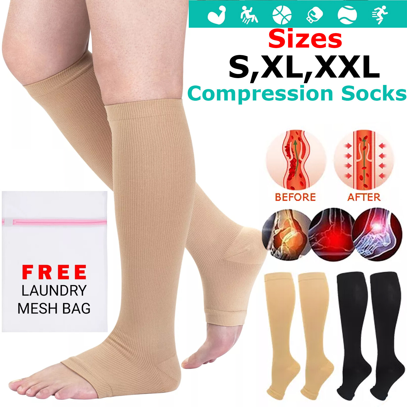 Open Toe Medical Compression Socks for Women & Men S/M/L/XL/XXL (1 & 2 ...