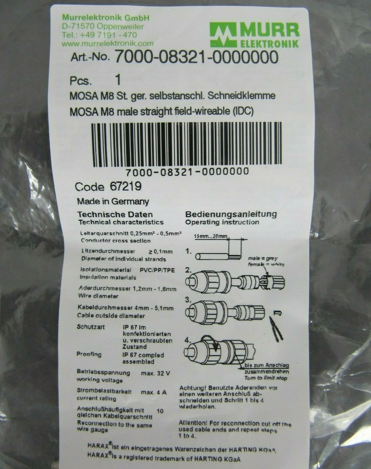 (LOT OF 3 NEW) Murr Elektronik Connectors M8 Male 3Pin 7000-08321 ...