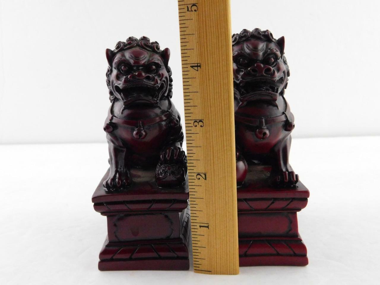 Pair of Red Resin Chinese Foo Dogs on Pedestals Shishi Lions China Made ...