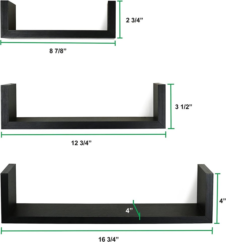 Set of 3 Floating “U” Shelves, Easy-to-Assemble Floating Wall Mount ...