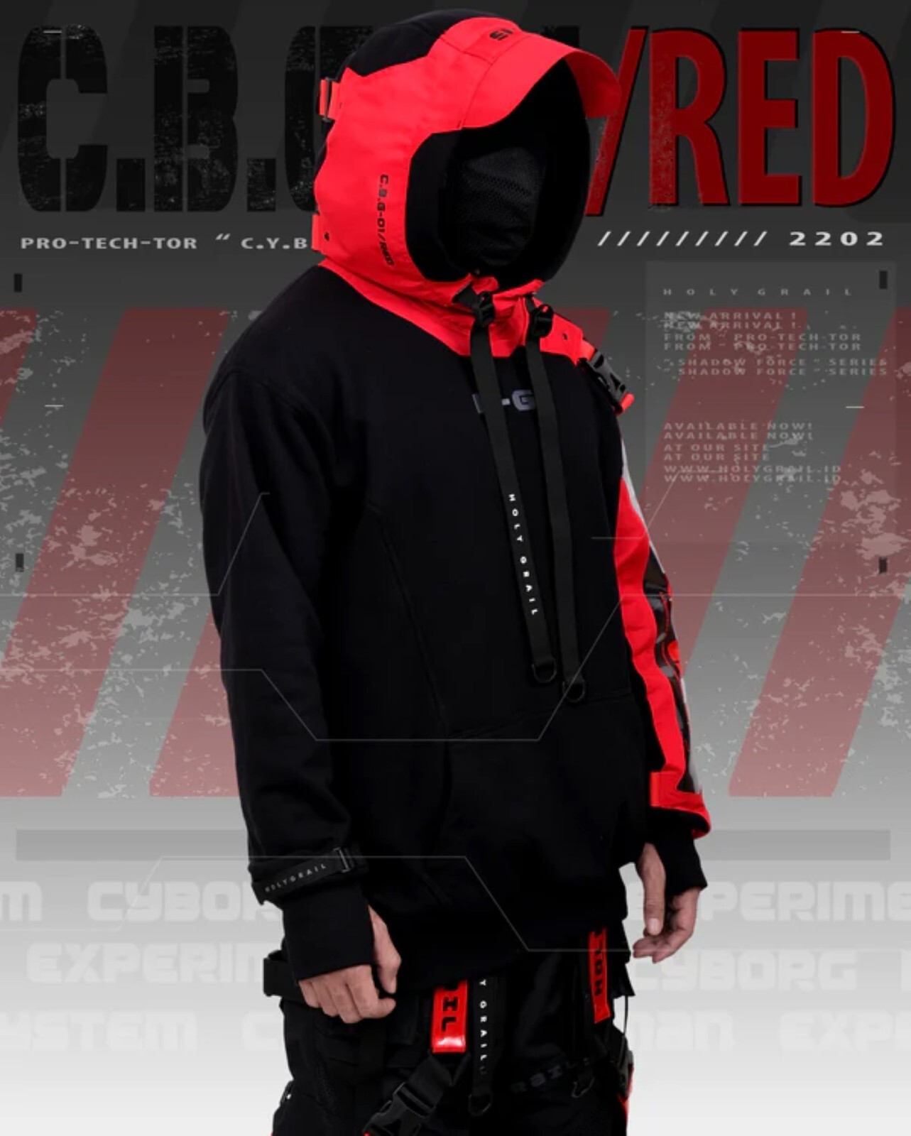Men's Techwear Red Jacket Rugged fleece Pullover Hoodie Holygrail C.B.G ...