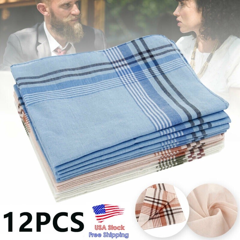 12x Men's Handkerchief 100% Cotton Reusable Classic Handkerchief Pocket ...