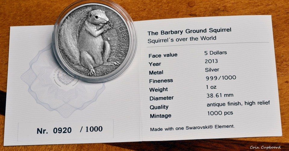 2013 Palau - $5 - Barbary Ground Squirrel 1 oz silver coin with crystal ...