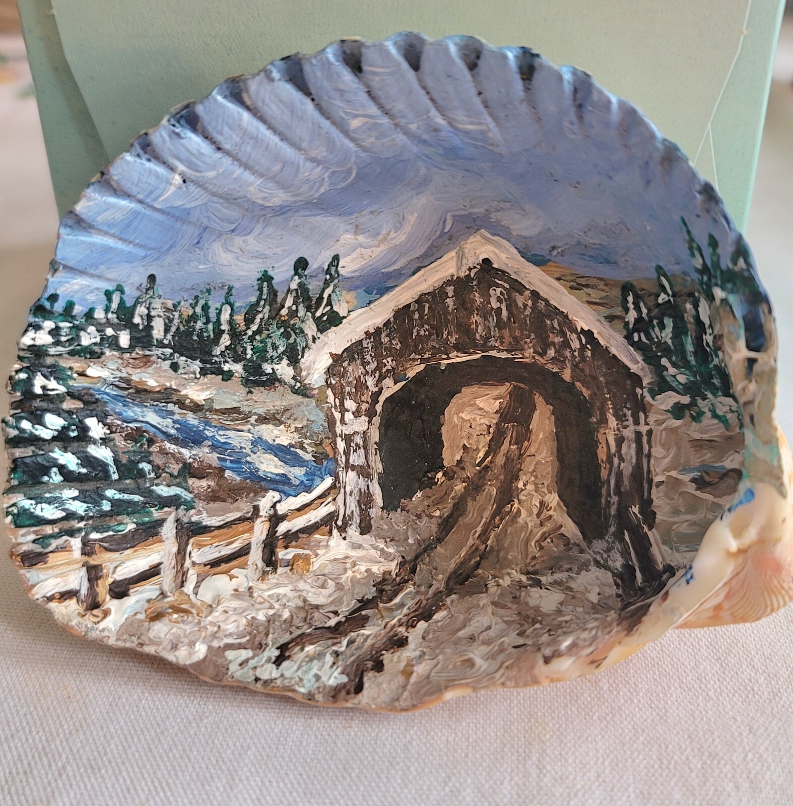Hand Painted Sea Shell•Winter Scene•EUC•Scallop•Clam•Snow•Bridge ...