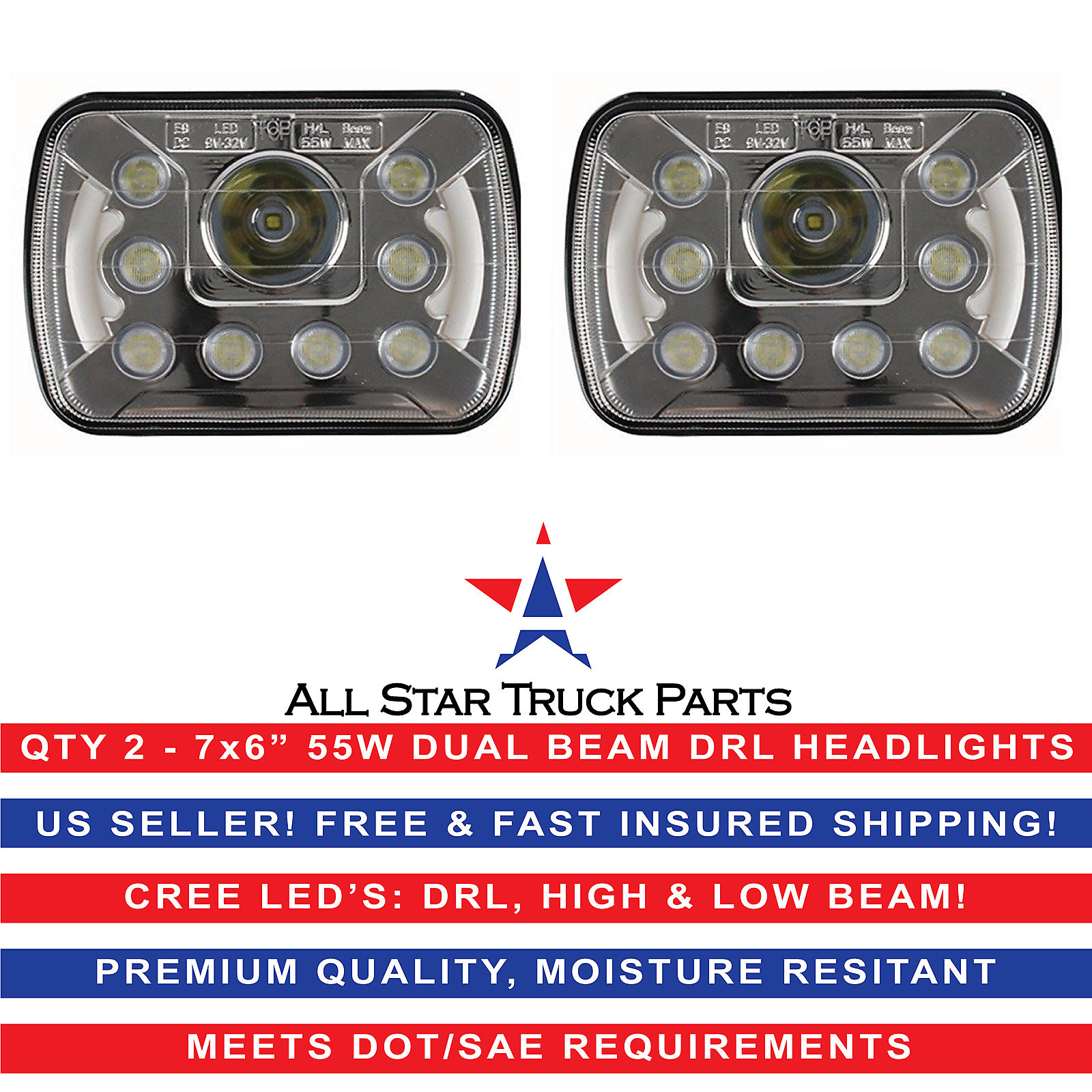 7x6" 5x7 inch CREE DRL Replace H6054 6014 LED Headlights High/Low Beam ...