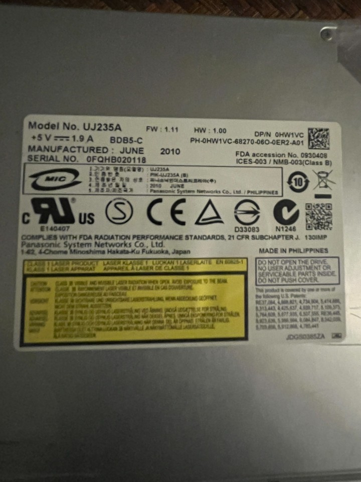 Panasonic UJ235A Slot Load Blu-Ray DVD Drive 12.7mm SATA 4X BD-RE ...