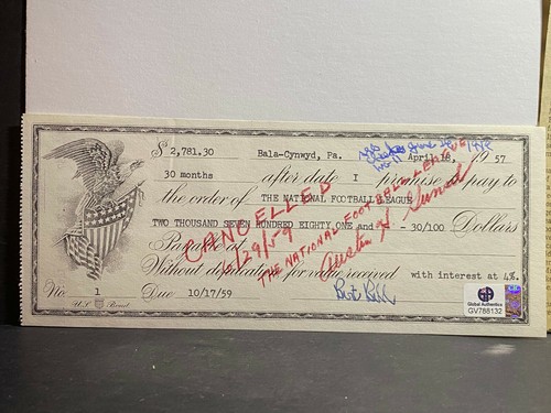 Signed Austin Gunsel Check AUTOGRAPH NFL Commissioner Bert Bell ...