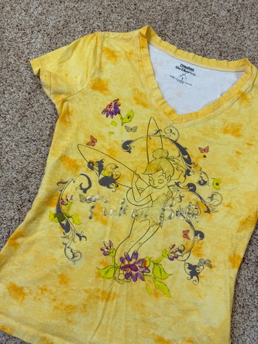 Womens Cute Disney Tinker Bell Yellow V Neck Fairy Floral T Shirt Sz S ...