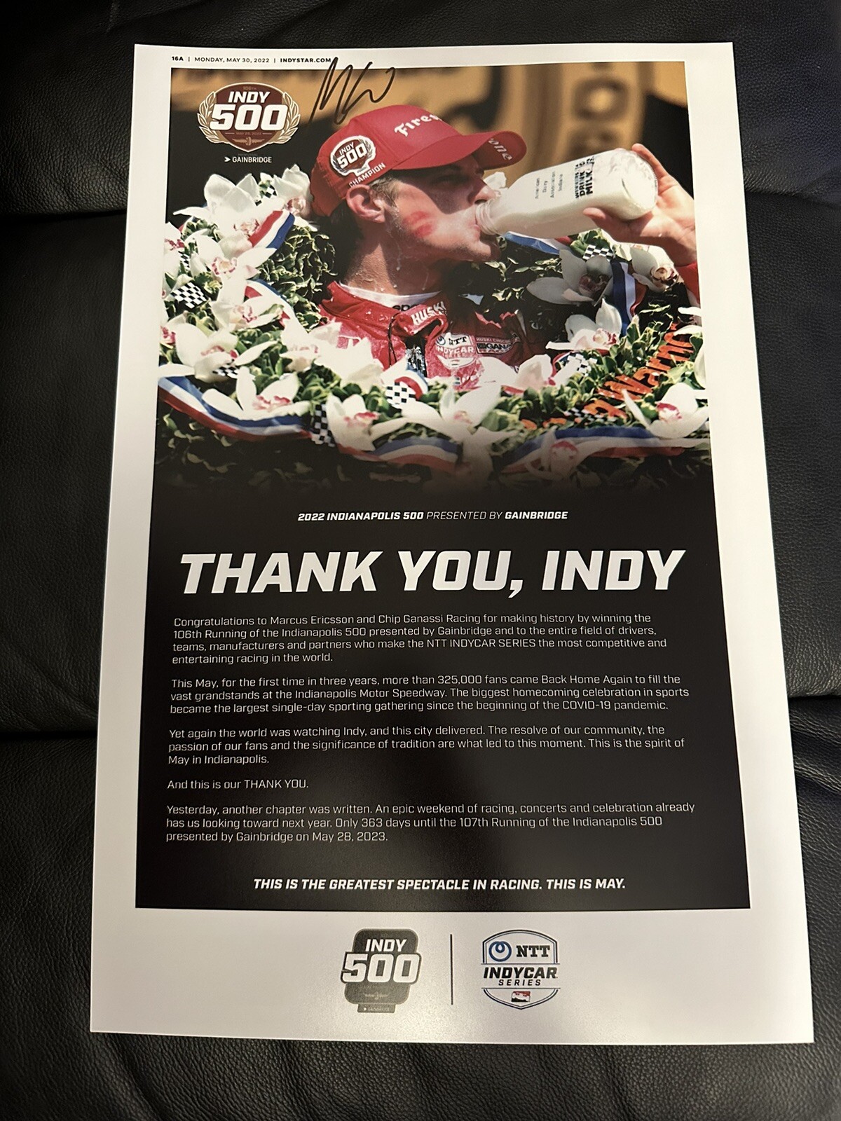 Marcus Ericsson Signed 11 X 17 Poster 2022 Indianapolis Indy 500 ...