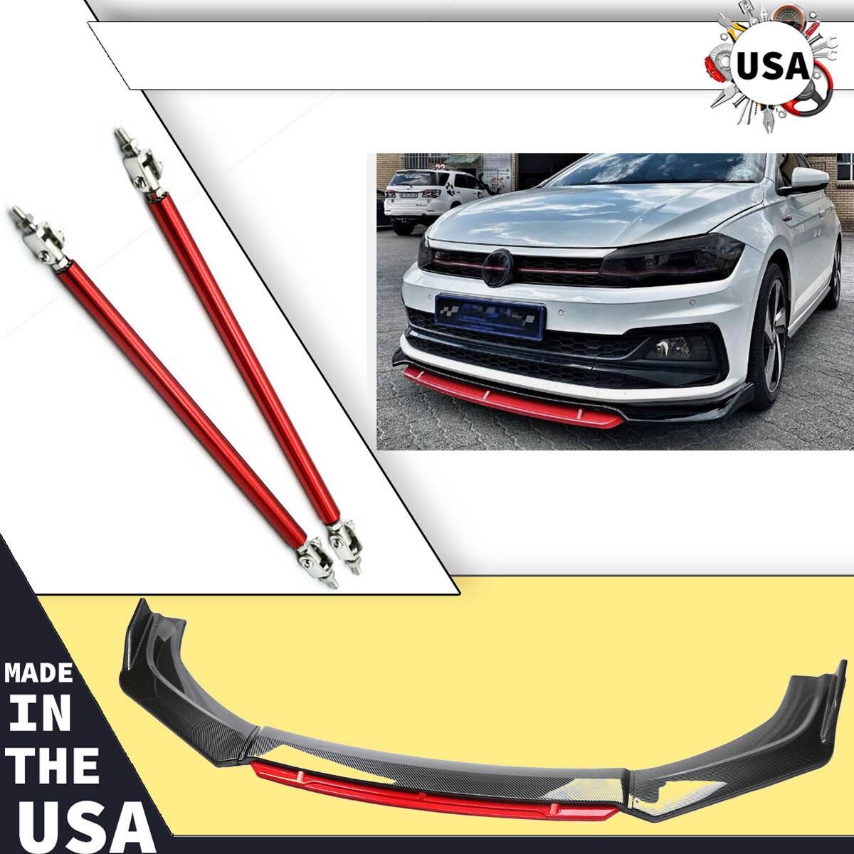 Front Bumper Lip Splitter Spoiler Body Kit Carbon Fiber Rods For VW ...