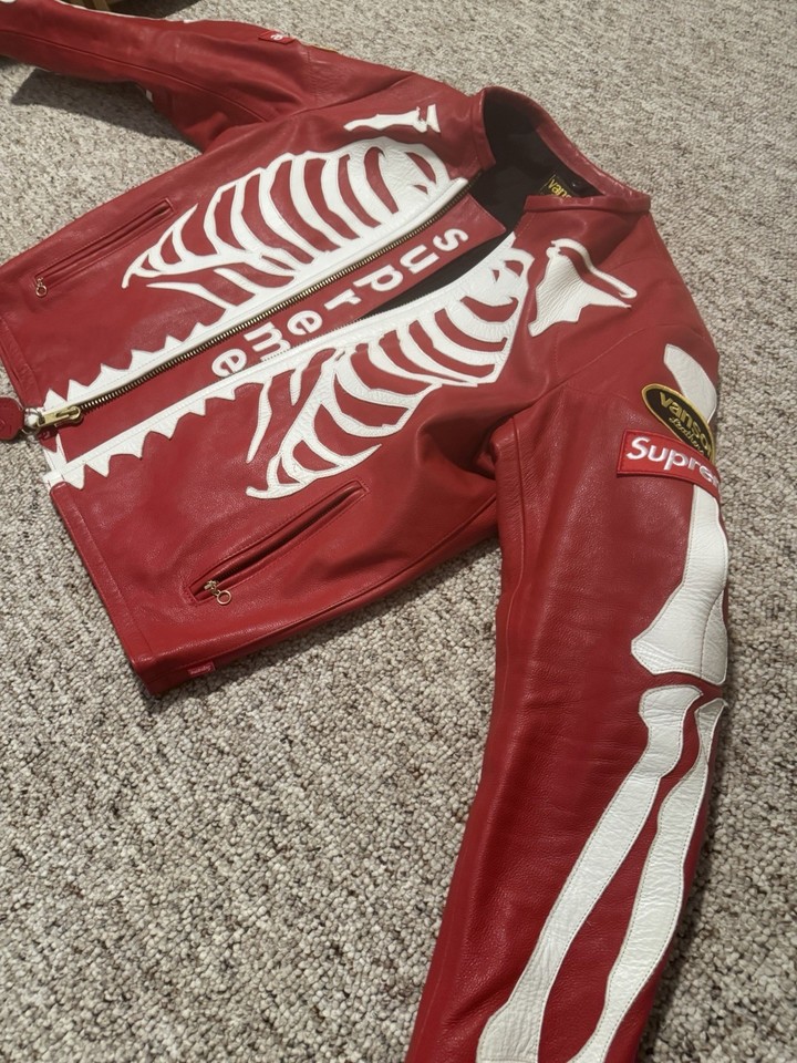 Supreme 2017 Vanson Black Men Leather Skeleton Bones Motorcycle Jacket ...