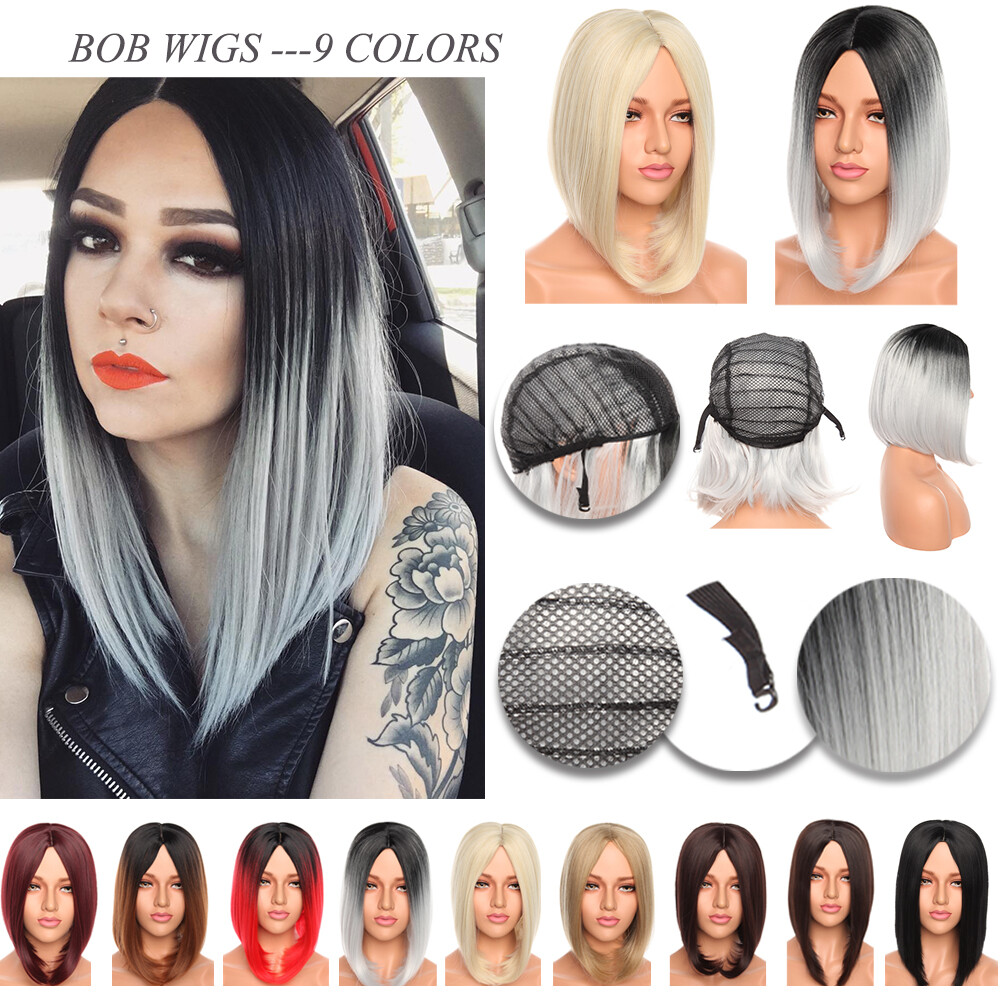 Short Wavy Straight Women Wigs without Bangs Black Bob Synthetic As ...