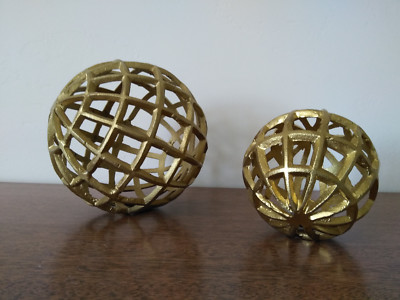 Set of 2 Decoratve Gold Toned Metal Orb Spheres Contemporary Art Decor ...